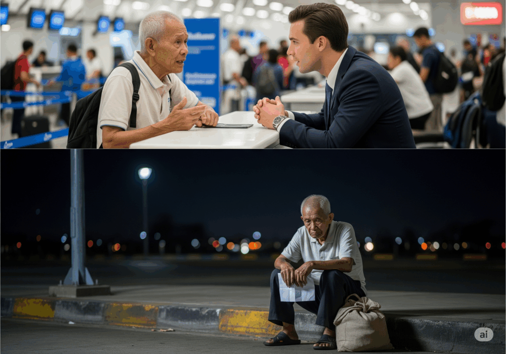The poor old man was pushed out of the airport but what happened next ...