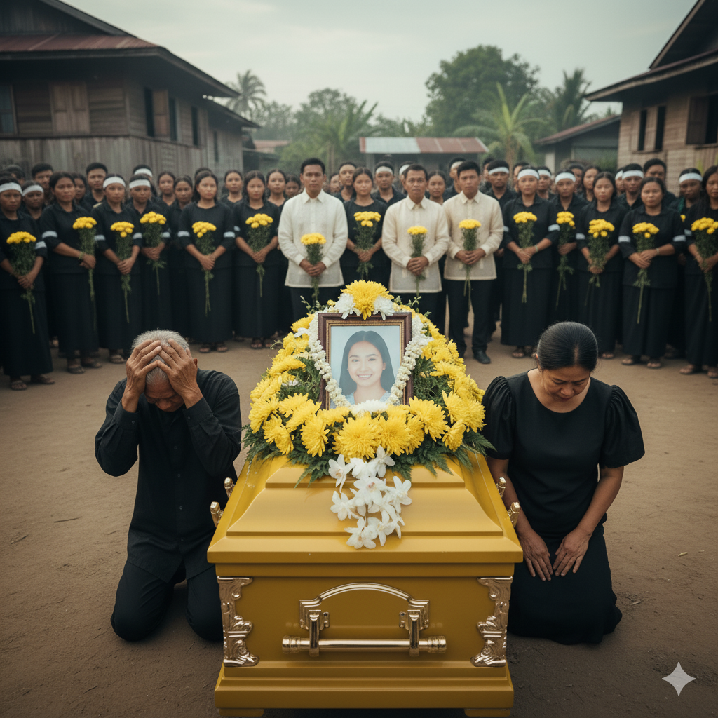 Ang malungkot na tunog ng mga trumpeta ng libing ay humalo sa patak ng ...