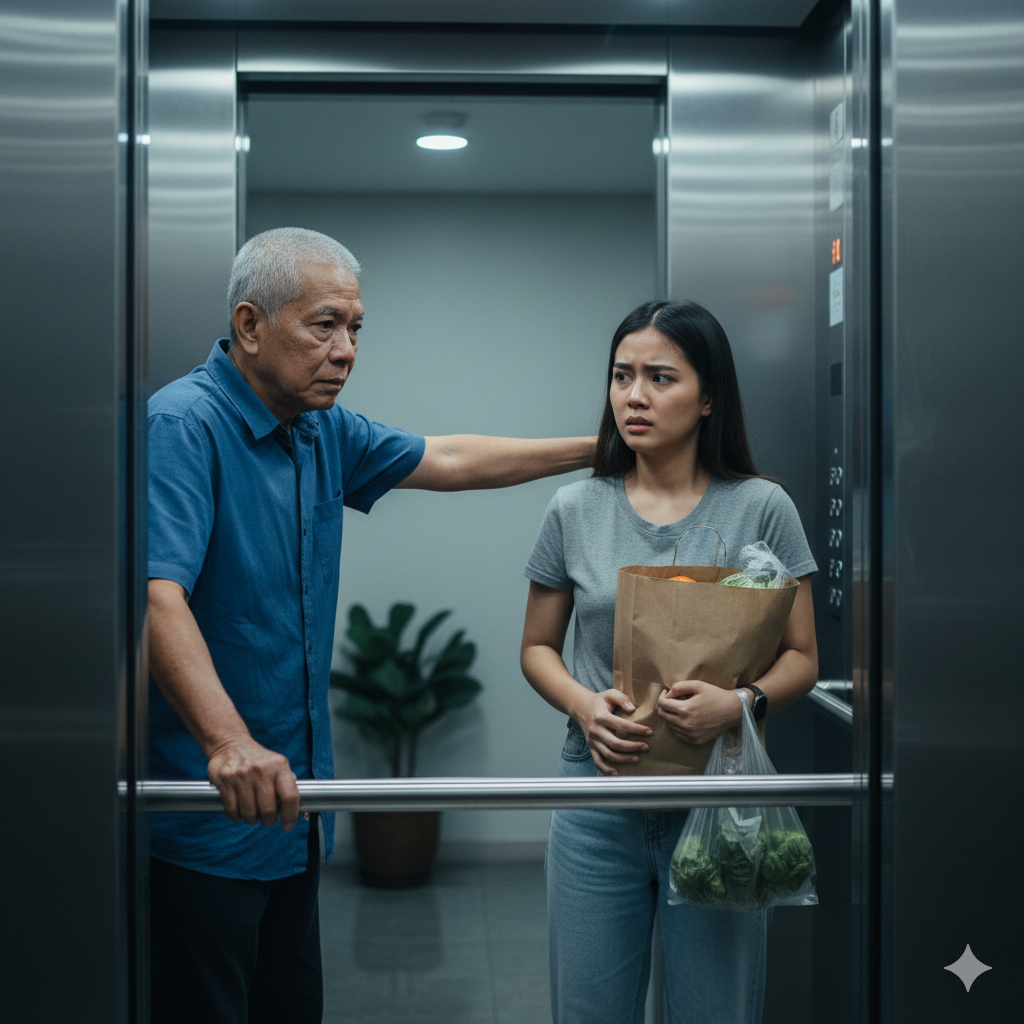 Stepping into the apartment elevator after work, I had just pressed the ...