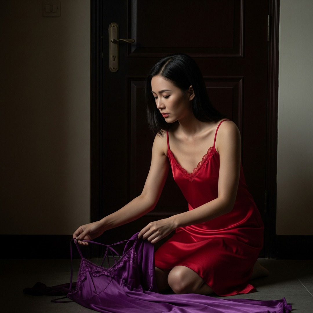 Hatinggabi habang nagtitimpla ako ng gatas, nakita ko ang isang lilang damit pantulog sa harap ...