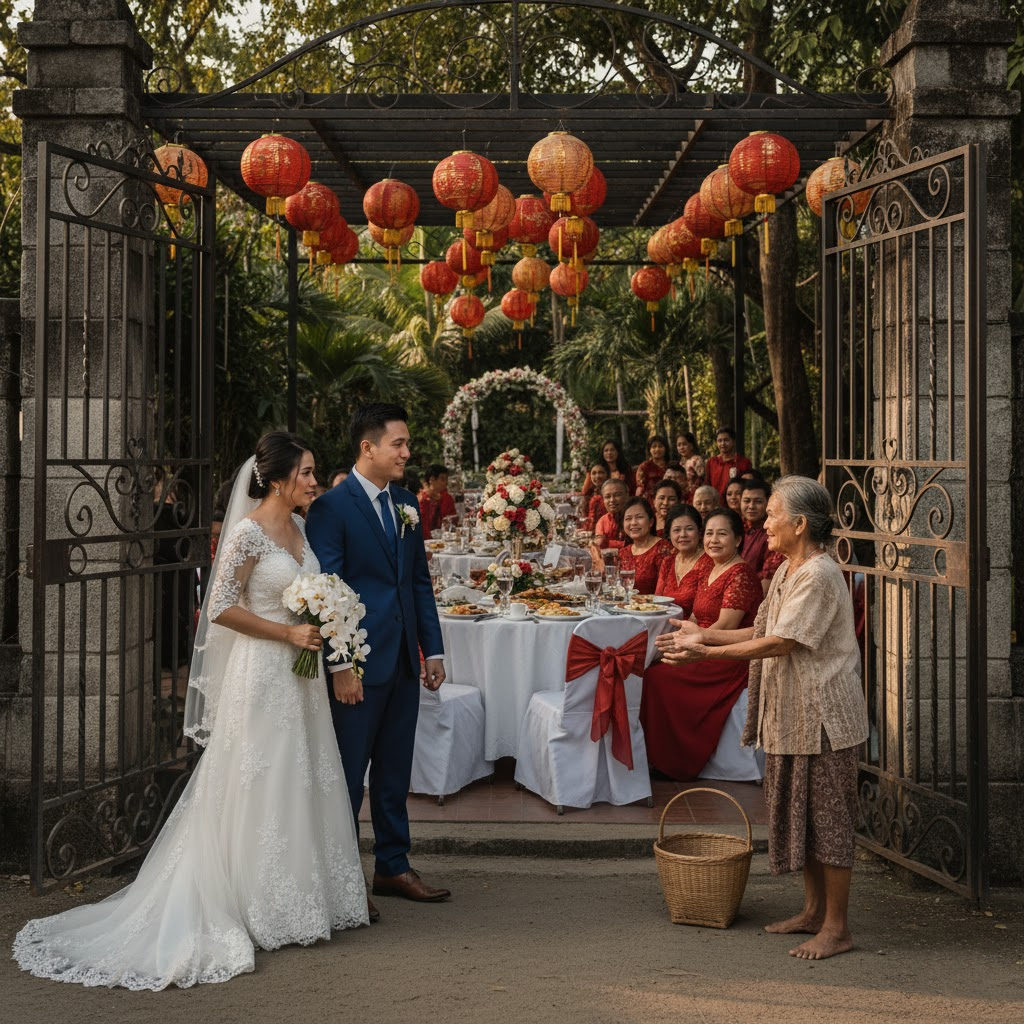 Tumayo ang matandang babaeng pulubi sa tabi ng kasal para lang humingi ...
